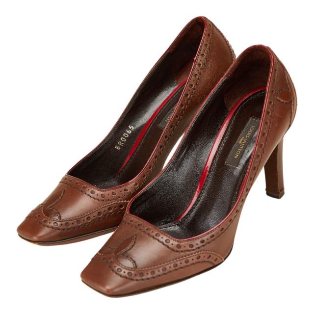 ルイ ヴィトン ウィングチップ スクエアトゥ ハイヒール パンプス サイズ：36 BR0065 ブラウン レザー レディース LOUIS VUITTON【中古】