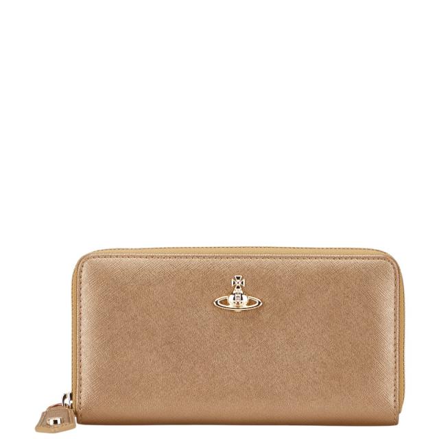 ヴィヴィアンウエストウッド ヴィクトリア クラシック 長財布 ラウンドファスナー ゴールド ブラウン レザー Vivienne Westwood 【中古】