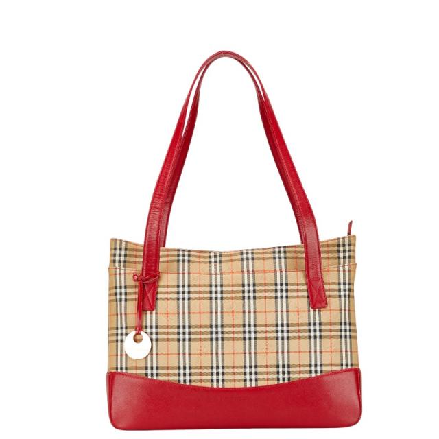 バーバリー ノバチェック シャドーホース ハンドバッグ ワンショルダーバッグ ベージュ レッド キャンバス レザー BURBERRY 【中古】