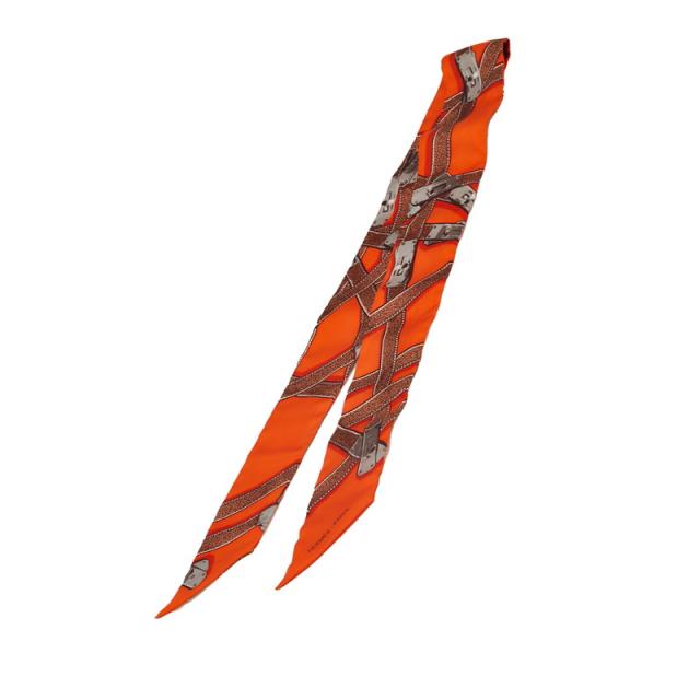 エルメス ツイリー TRES KELLY ケリー ベルト スカーフ オレンジ ブラウン シルク レディース HERMES 【中古】