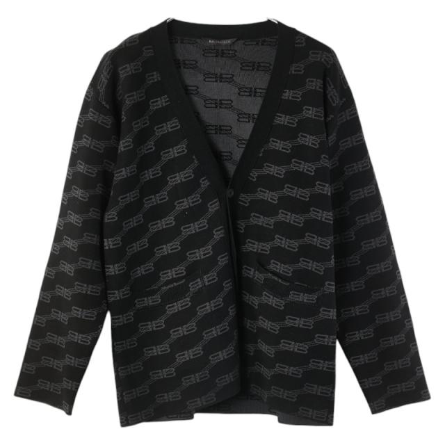 バレンシアガ BBロゴ カーディガン サイズ：2 ブラック グレー コットン ウール ポリエステル メンズ BALENCIAGA 【中古】