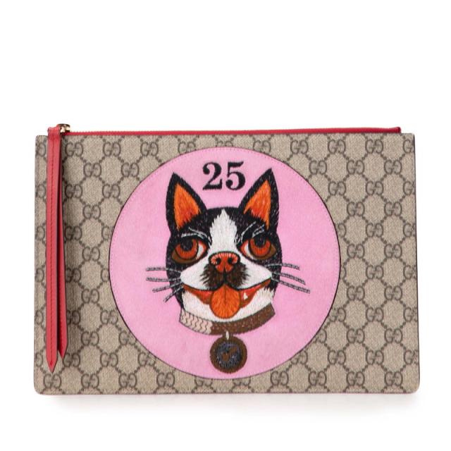 グッチ GGスプリーム ボスコアップリケ 犬 ドッグ 刺繍 クラッチバッグ 506280 ベージュ マルチカラー PVC スウェード GUCCI 【中古】