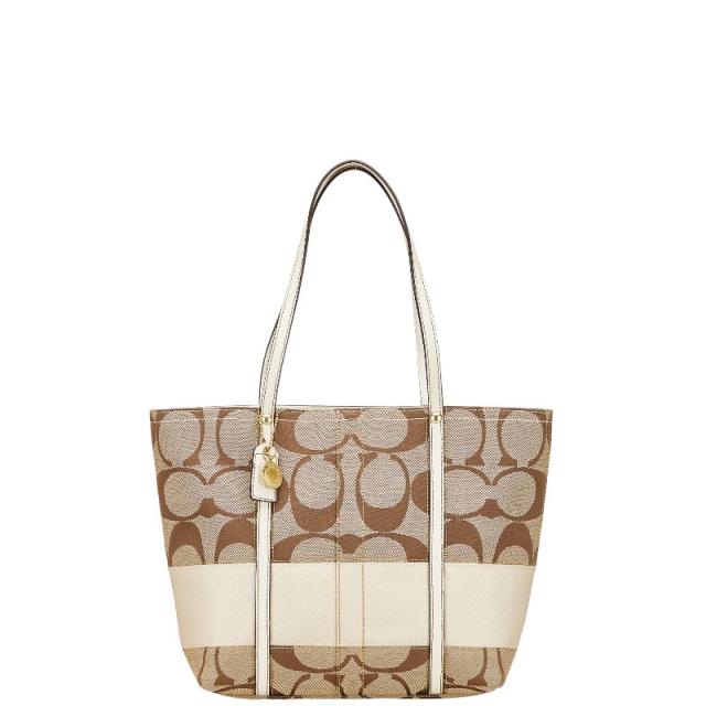 コーチ シグネチャー トートバッグ ショルダーバッグ ベージュ ブラウン キャンバス レザー レディース COACH 【中古】