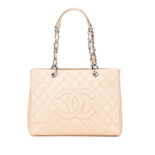 シャネル マトラッセ ココマーク チェーントートバッグ ベージュ キャビアスキン レディース CHANEL 【中古】
