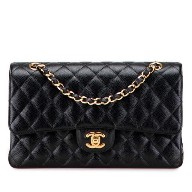シャネル マトラッセ25 ココマーク ダブルフラップ チェーン ショルダーバッグ ブラック キャビアスキン レディース CHANEL 【中古】