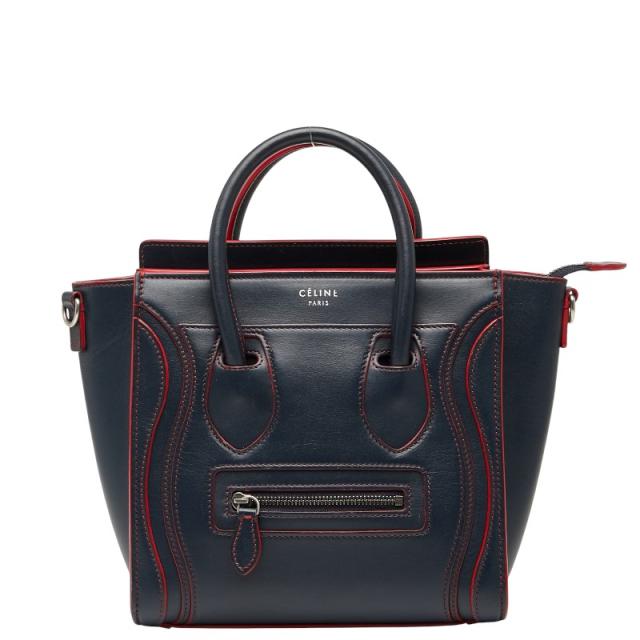 セリーヌ ラゲージ ナノショッパー ハンドバッグ ネイビー レッド レザー レディース CELINE 【中古】