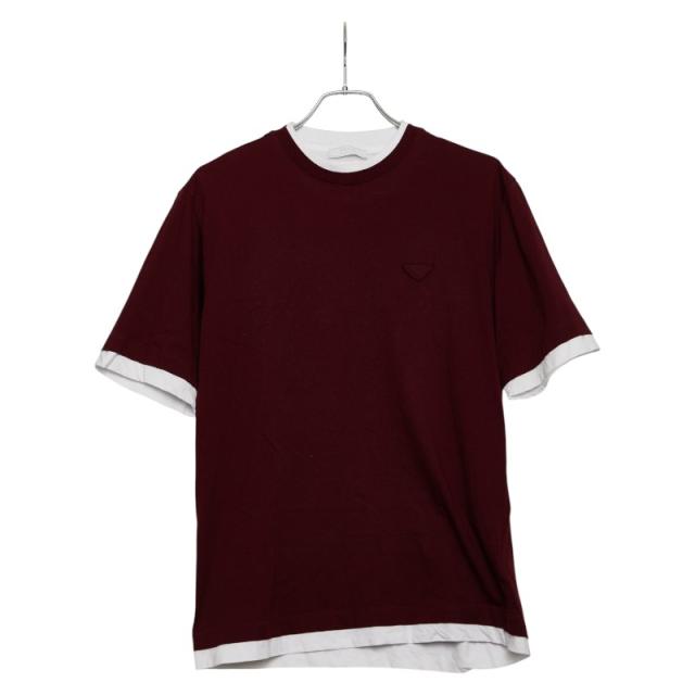 プラダ 25SS 三角ロゴ 半袖Tシャツ サイズ:S UJN912 ボルドー ワインレッド ホワイト コットン メンズ PRADA 【中古】