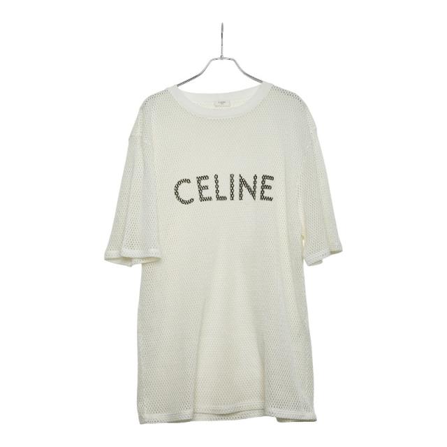 セリーヌ 22SS ロゴ メッシュ Tシャツ オーバーサイズ サイズ：L 2X59A950P ホワイト ブラック コットン メンズ CELINE 【中古】