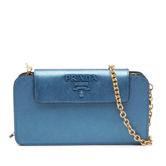 プラダ ロゴ チェーン ウォレット  ショルダーバッグ 1DH048 ブルー サフィアーノレザー レディース PRADA 【中古】