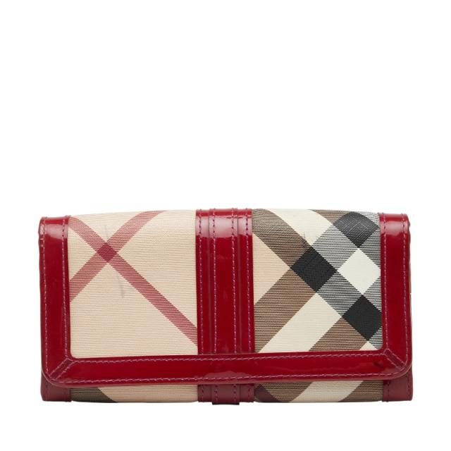 バーバリー ノバチェック 長財布 レッド ベージュ PVC レザー レディース BURBERRY 【中古】