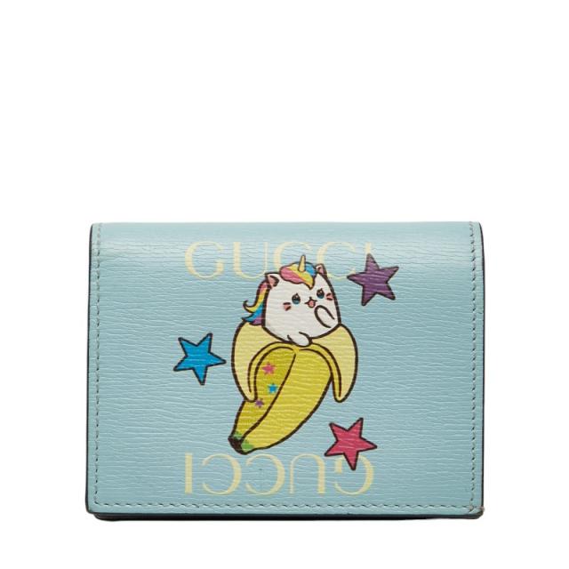 グッチ ばなにゃ 二つ折り財布 701009 ブルー レザー レディース GUCCI 【中古】