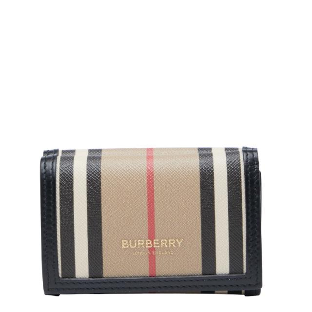 バーバリー アイコンストライプ コンパクトウォレット 三つ折り財布 ベージュ ブラック PVC レディース BURBERRY 【中古】