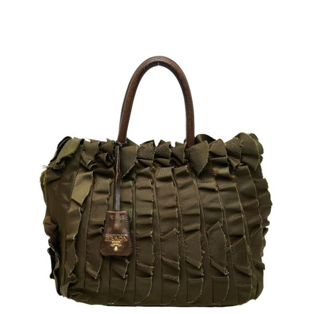 プラダ フリル ハンドバッグ トートバッグ BN1728 カーキ ブラウン ナイロン レザー レディース PRADA 【中古】