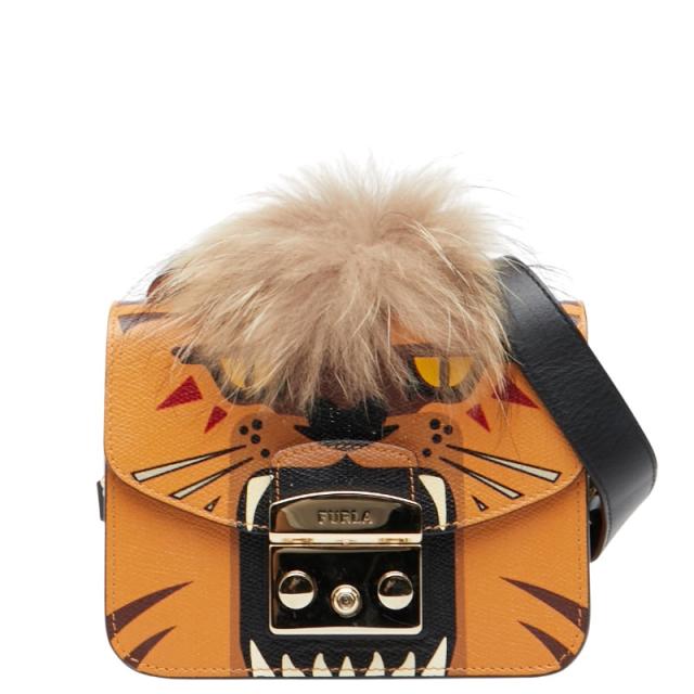 フルラ メトロポリス ジャングル ライオン 斜め掛け ショルダーバッグ オレンジ マルチカラー レザー ファー レディース Furla 【中古】