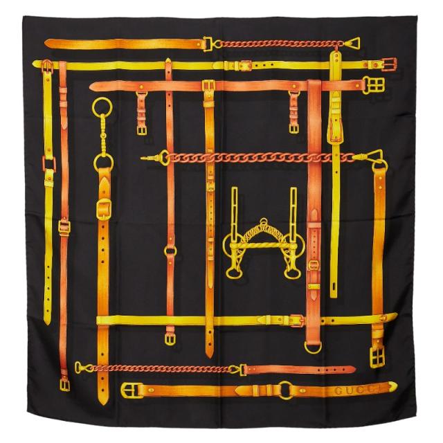 グッチ ベルト柄 スカーフ ブラック マルチカラー シルク レディース GUCCI 【中古】