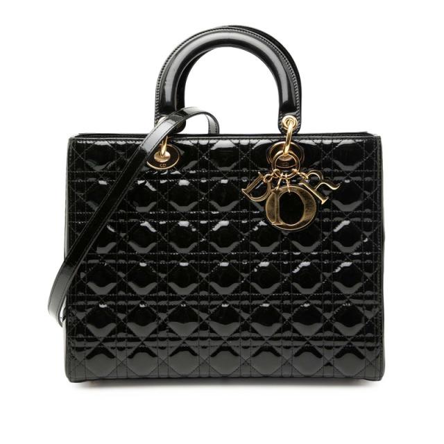 ディオール カナージュ レディディオール ラージ ハンドバッグ ショルダーバッグ 2WAY ブラック パテントレザー Dior 【中古】
