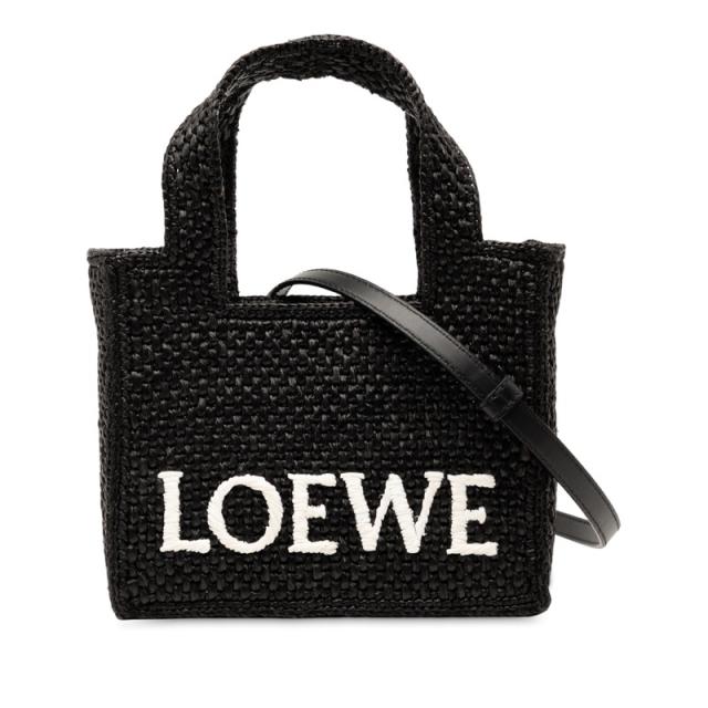 ロエベ フォント トート ミニ トートバッグ ショルダーバッグ 2WAY ブラック ラフィア レザー レディース LOEWE 【中古】