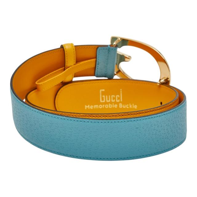 グッチ Gバックル ベルト サイズ:90/36 709954 ライトブルー イエロー レザー レディース GUCCI 【中古】