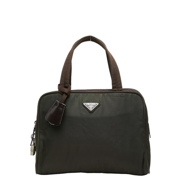 プラダ 三角ロゴプレート ハンドバッグ カーキ ブラウン ナイロン レザー レディース PRADA 【中古】
