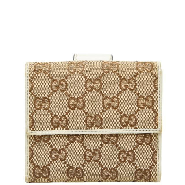 グッチ GGキャンバス 二つ折り財布 212090 ベージュ アイボリー キャンバス レザー レディース GUCCI 【中古】