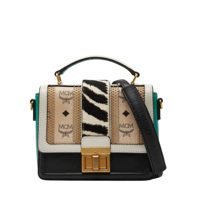 エム シー エム ヴィセトス ロゴグラム スタッズ ショルダーバッグ ブラック ベージュ グリーン レザー レディース MCM 【中古】