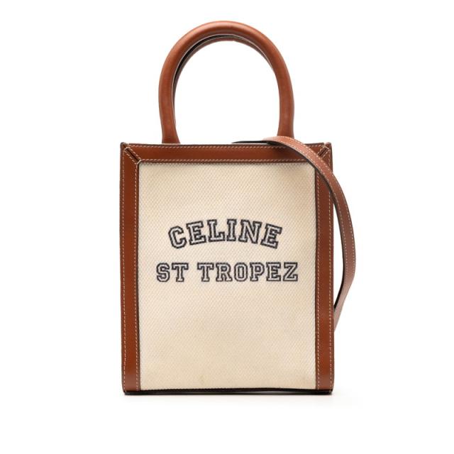セリーヌ サントロペ ミニバーティカル ハンドバッグ ショルダーバッグ 2WAY アイボリー ブラウン キャンバス レザー CELINE 【中古】