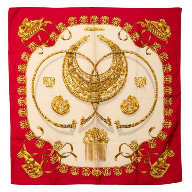 エルメス カレ90 LES CAVALIERS DOR 黄金の騎士 スカーフ レッド ホワイト ゴールド シルク レディース HERMES 【中古】