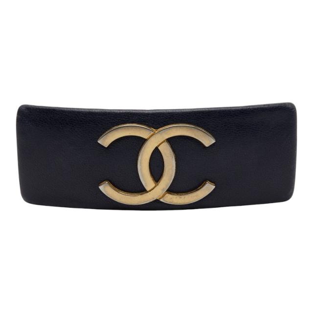 シャネル ココマーク バレッタ ネイビー ゴールド レザー メッキ レディース CHANEL 【中古】
