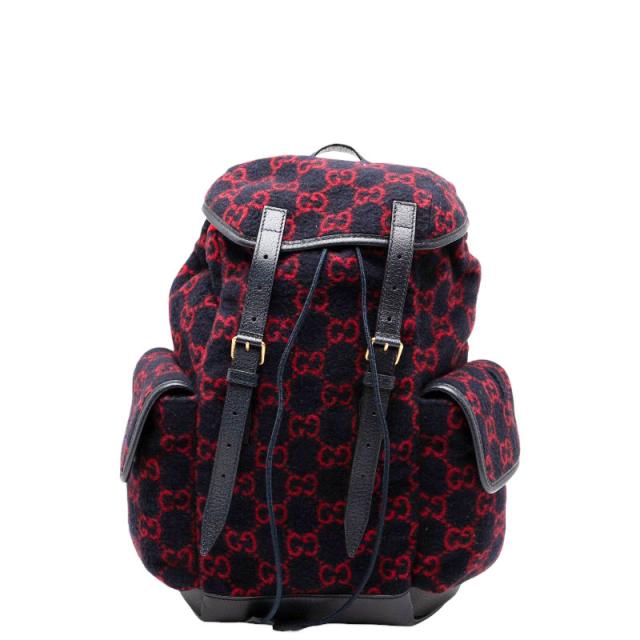 グッチ GGウール リュック バックパック 598184 ネイビー レッド ウール レザー レディース GUCCI 【中古】