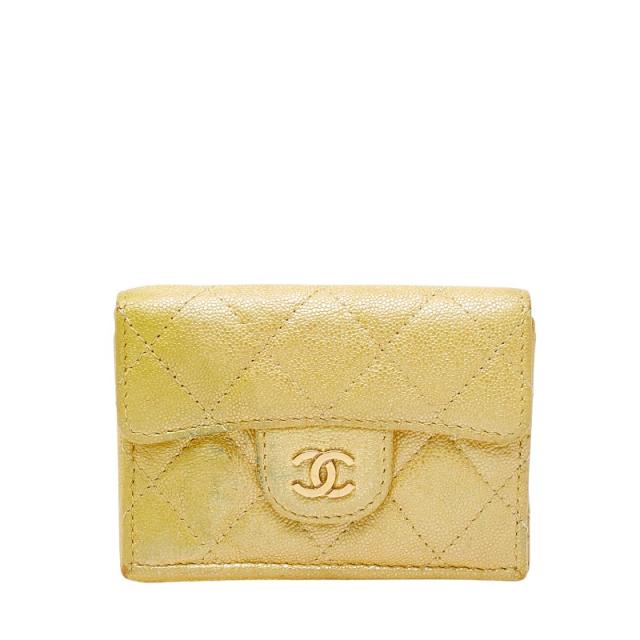 シャネル ココマーク マトラッセ 三つ折り財布 コンパクトウォレット イエロー キャビアスキン レディース CHANEL 【中古】