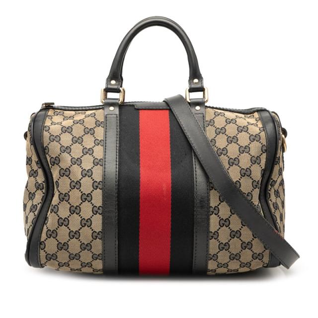 グッチ GGキャンバス シェリーライン ハンドバッグ ショルダーバッグ 2WAY 247205 ベージュ ネイビー キャンバス レザー GUCCI 【中古】
