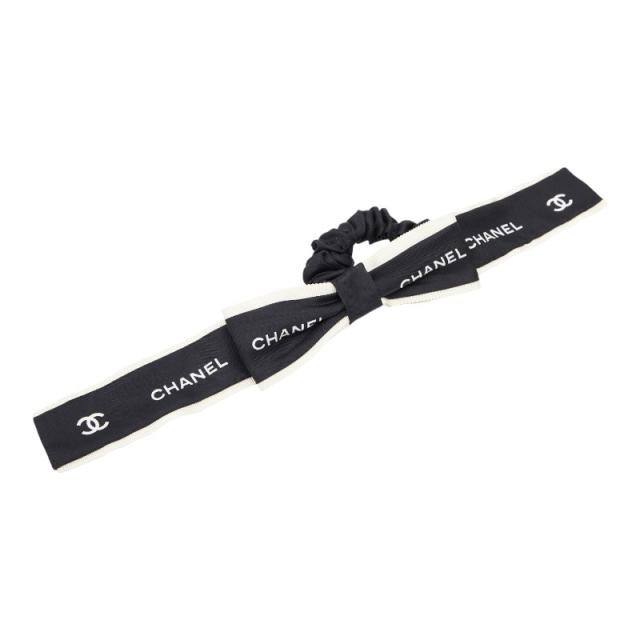 シャネル ココマーク ロゴ リボン シュシュ ヘアアクセサリー ブラック ホワイト シルク レディース CHANEL 【中古】