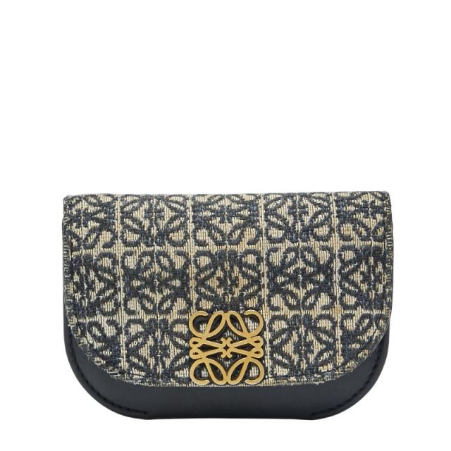 ロエベ リピートアナグラム ゴヤ ケース ネイビー ベージュ キャンバス レザー レディース LOEWE 【中古】