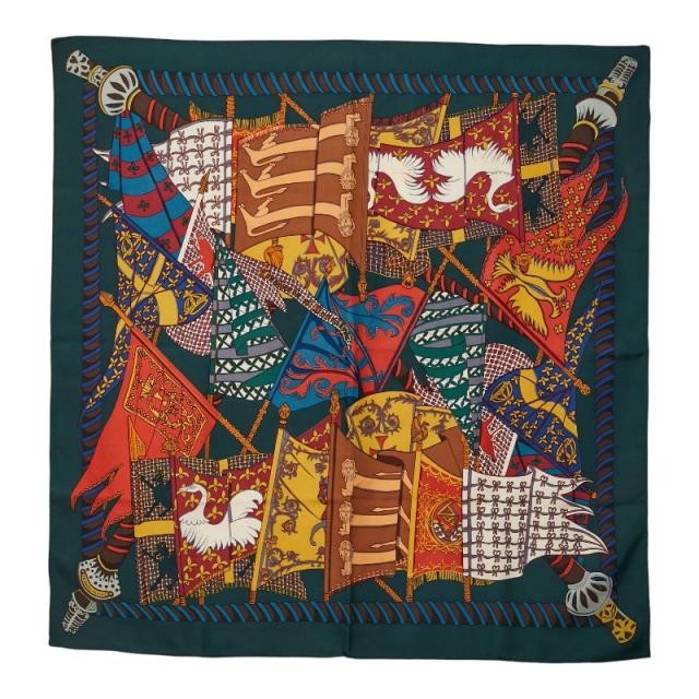 エルメス カレ90 Etendards et Bonnieres 旗 スカーフ グリーン マルチカラー シルク レディース HERMES 【中古】