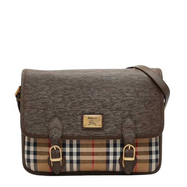 バーバリー ノバチェック シャドーホース ショルダーバッグ ブラウン ベージュ キャンバス レザー レディース BURBERRY 【中古】