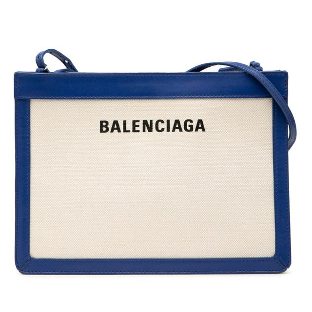 バレンシアガ ロゴ ネイビー ポシェット 斜め掛け ショルダーバッグ 339937 アイボリー ブルー キャンバス レザー BALENCIAGA 【中古】