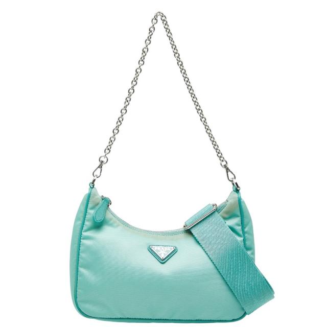 プラダ 三角ロゴプレート チェーン ハンドバッグ ショルダーバッグ 2WAY ライトグリーン ナイロン レザー レディース PRADA 【中古】