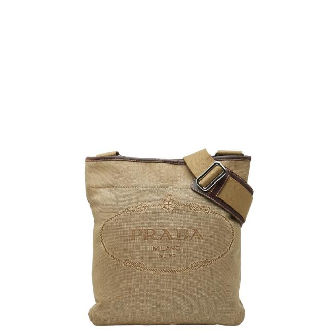 プラダ ロゴ 斜め掛け ショルダーバッグ カーキ ブラウン キャンバス レザー レディース PRADA 【中古】