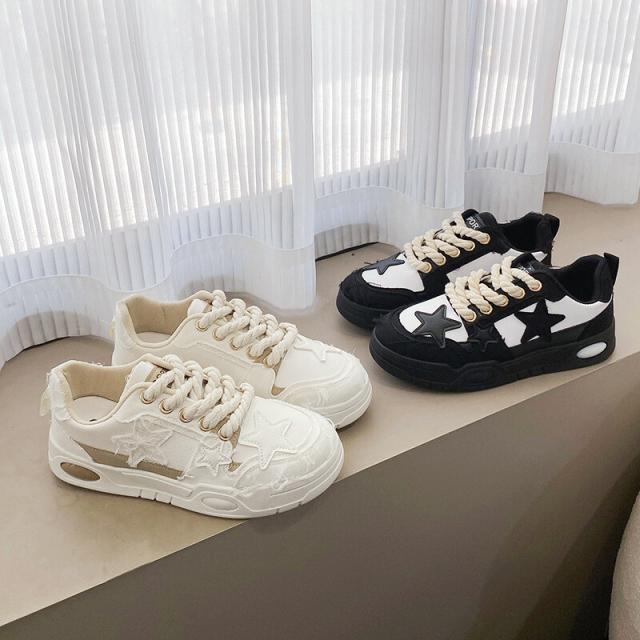 ダメージ素材ロープスニーカー　スニーカー レディース シューズ履きやすい靴　美脚効果 　厚底歩きやすい　疲れにくい　ロープ　１０代　２０代　ダメージ　星　ブラック　ホワイト