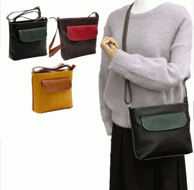 合成皮革 トリカラー 斜め掛けショルダーバッグ カジュアル バイカラー