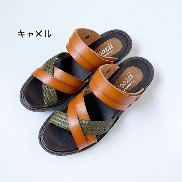ナチュラル リゾート風 フラットサンダル 編み込み コンビ色 2way