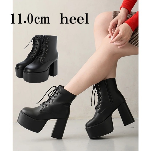ブーツ　厚底　 プラットフォーム レースアップブーツ　ボリュームソール　スタイルアップ　美脚　太ヒール　安定感　履きやすい　歩きやすい　おしゃれ　サイドジッパー付　脱ぎやすい