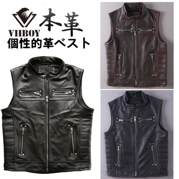 レザーベスト メンズ ベスト 本革 牛革 高級レザー ジレベスト チョッキ バイク用ベスト 通勤 カジュアル フォーマル 大きいサイズ