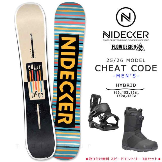 スノーボード 板 メンズ 3点 セット ビンディング ブーツ NIDECKER ナイデッカー CHEAT CODE 2026 FLOW ブランド スノボー 初心者 ハイブリッドキャンバー 黒