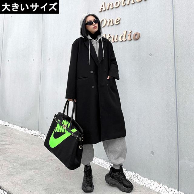 大きいサイズ レディース チェスターコート フードつき オーバーサイズ 黒 LL 3L 4L 5L 6L ブラック 新入荷 メール便不可 (t2012125）