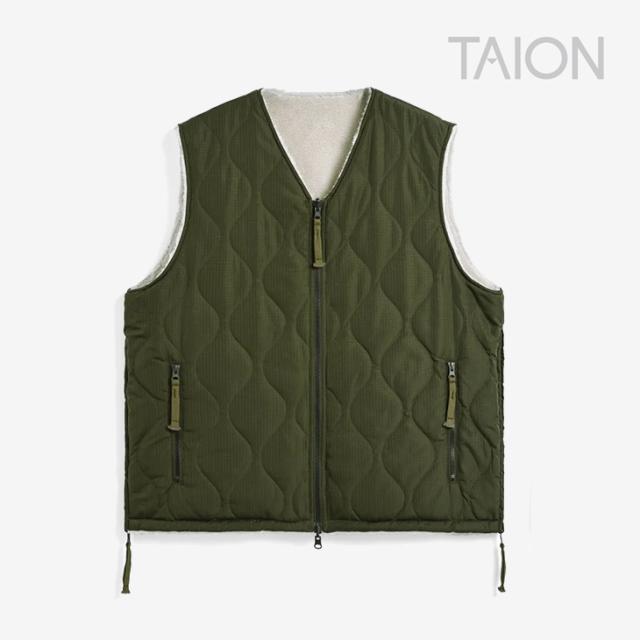 ・TAION｜Military sible V-Neck Boa Vest/ タイオン/ミリタリー リバーシブル Vネック ボア ベスト/ダークオリーブｘクリーム #