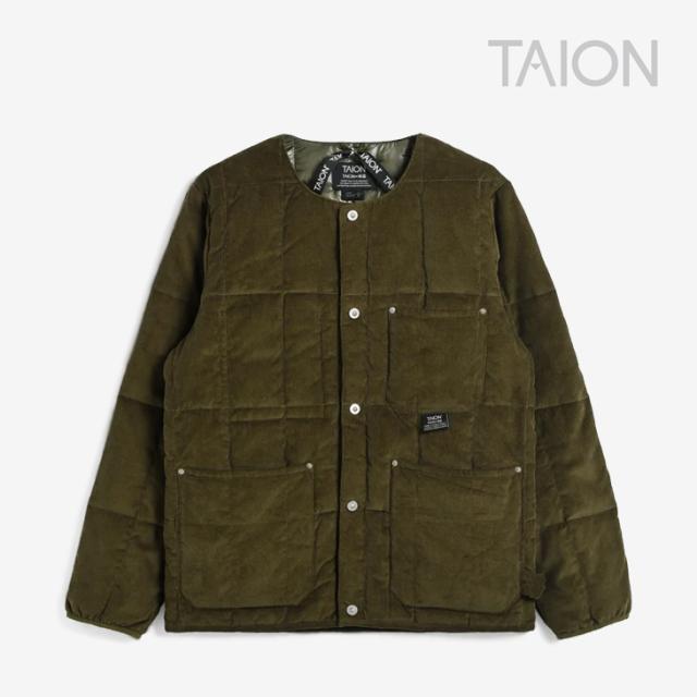 ・TAION｜Work Corduroy Crew Neck Down Jacket/ タイオン/ワーク コーデュロイ クルー ネック ダウン ジャケット/ダークオリーブ #
