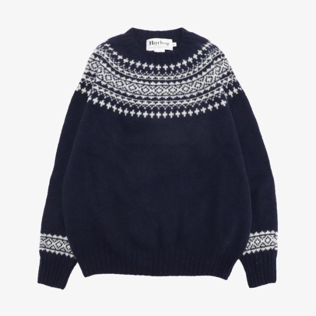 ・HARLEY Of Scotland｜W York Crew Neck Sweater Supersoft Wool Knit/ ハーレー/ヨーク クルー ネック セーター ノルディック柄 スーパーソフト ウール ニット/ネイビーｘスノーホワイト #