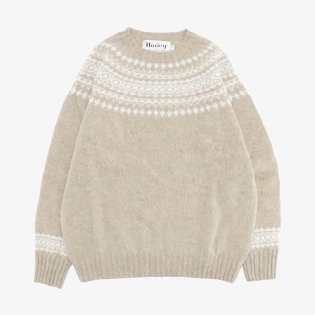 ・HARLEY Of Scotland｜W York Crew Neck Sweater Supersoft Wool Knit/ ハーレー/ヨーク クルー ネック セーター ノルディック柄 スーパーソフト ウール ニット/カメオベージュｘスノーホワイト #