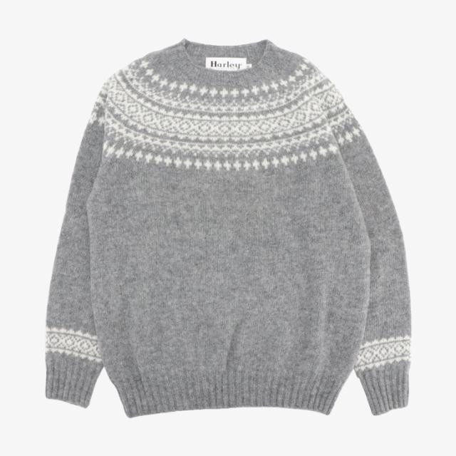 ・HARLEY Of Scotland｜W York Crew Neck Sweater Supersoft Wool Knit/ ハーレー/ヨーク クルー ネック セーター ノルディック柄 スーパーソフト ウール ニット/ミッドグレーｘスノーホワイト #